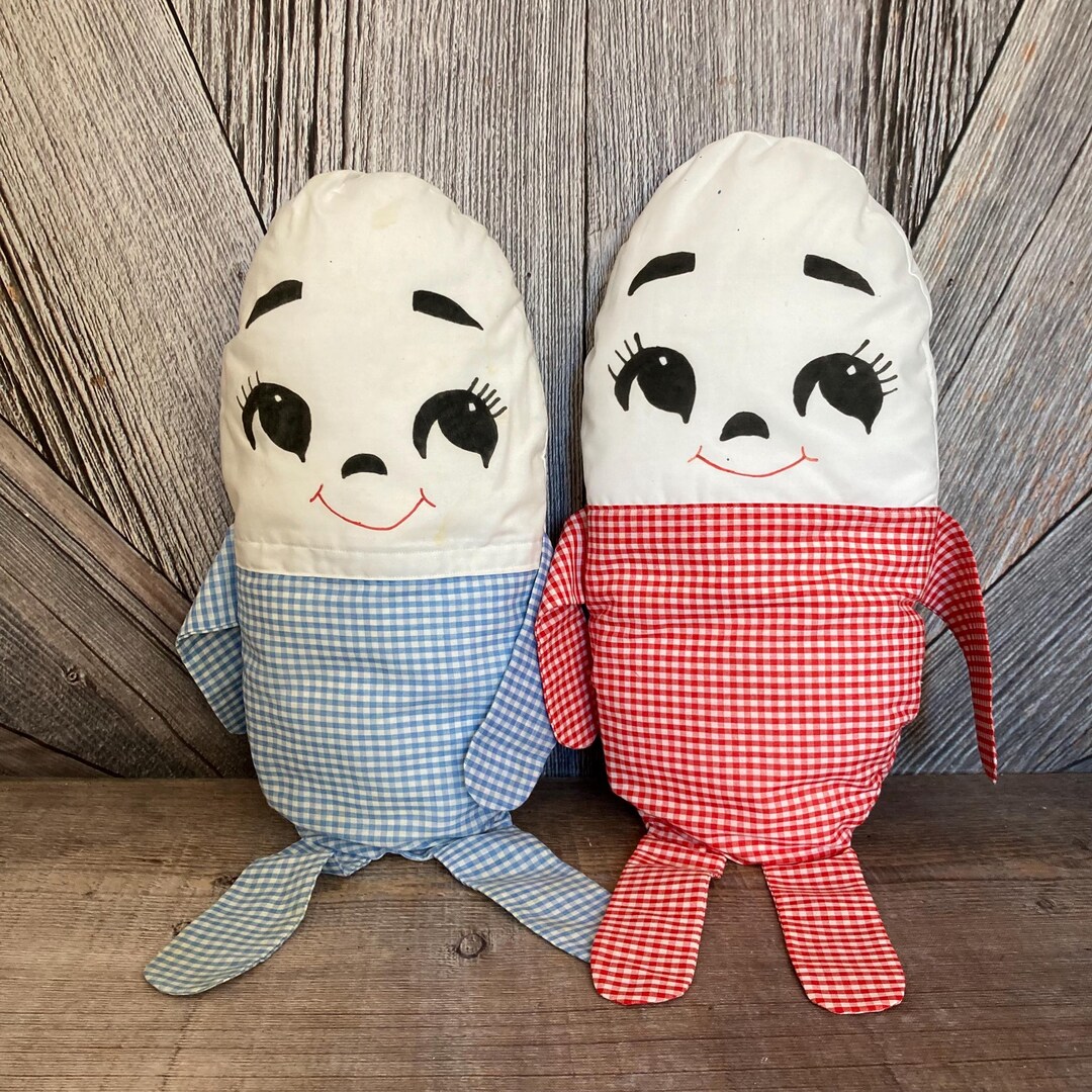 2 Vintage Plakie Humpty Dumpty Toys, Plush Toys, Red and Blue Plakie ...