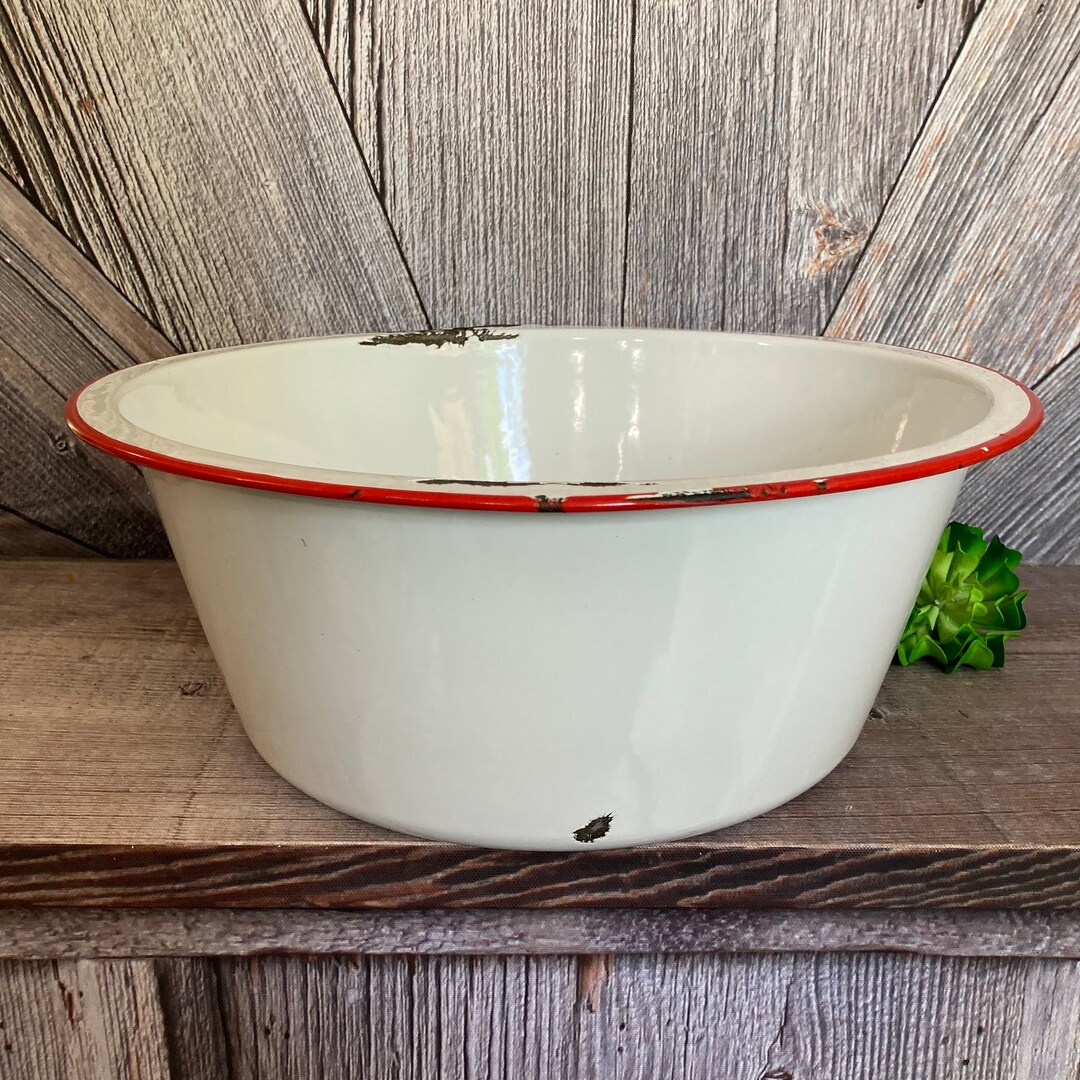 Vintage Enamel Bowl Large 14.25 in Large Bowl Enamelware Basin Herbs Succulent Vintage ...
