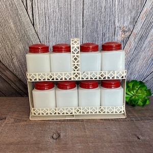 Vintage Tipp City Spice Rack Red Milk Glass Jars Complete 8 Jars and Tilt Rack Vintage Spice ...