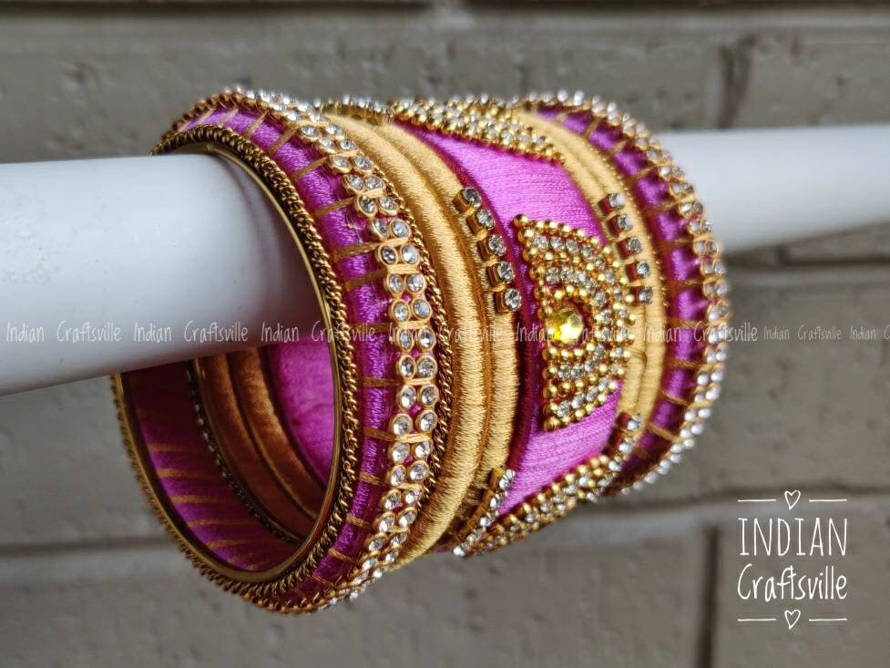 Silk Thread Designer Bangles Onion Pink & Gold Bangles Set | Etsy