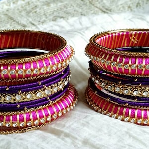 Silk Thread Bangles PINK, PURPLE & GOLD Set of 22 Handmade Silk Thread ...