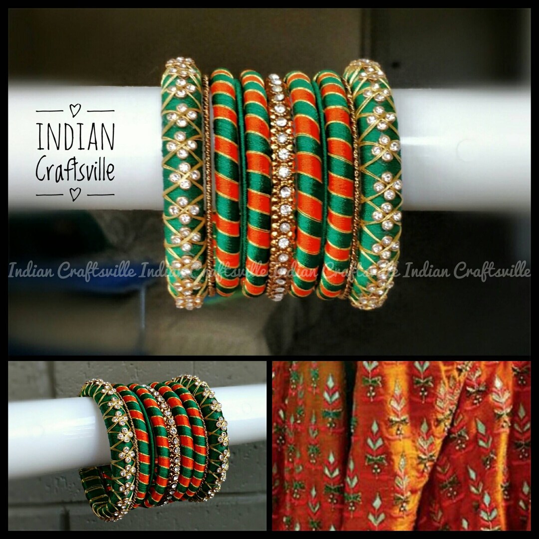 Indian Silk Thread Bangles 22 Orange & Green Wedding Bangle - Etsy