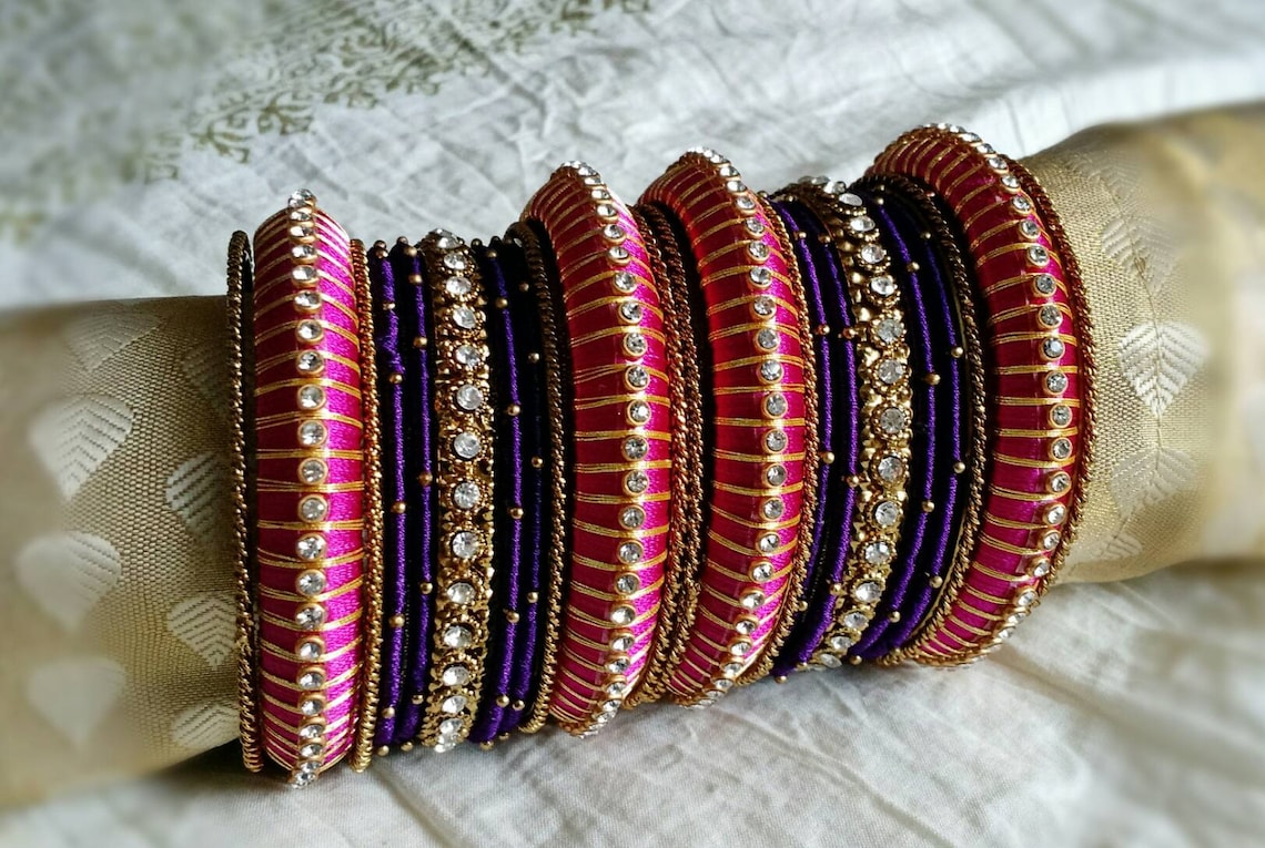 Silk Thread Bangles PINK PURPLE & GOLD Set of 22 Handmade - Etsy