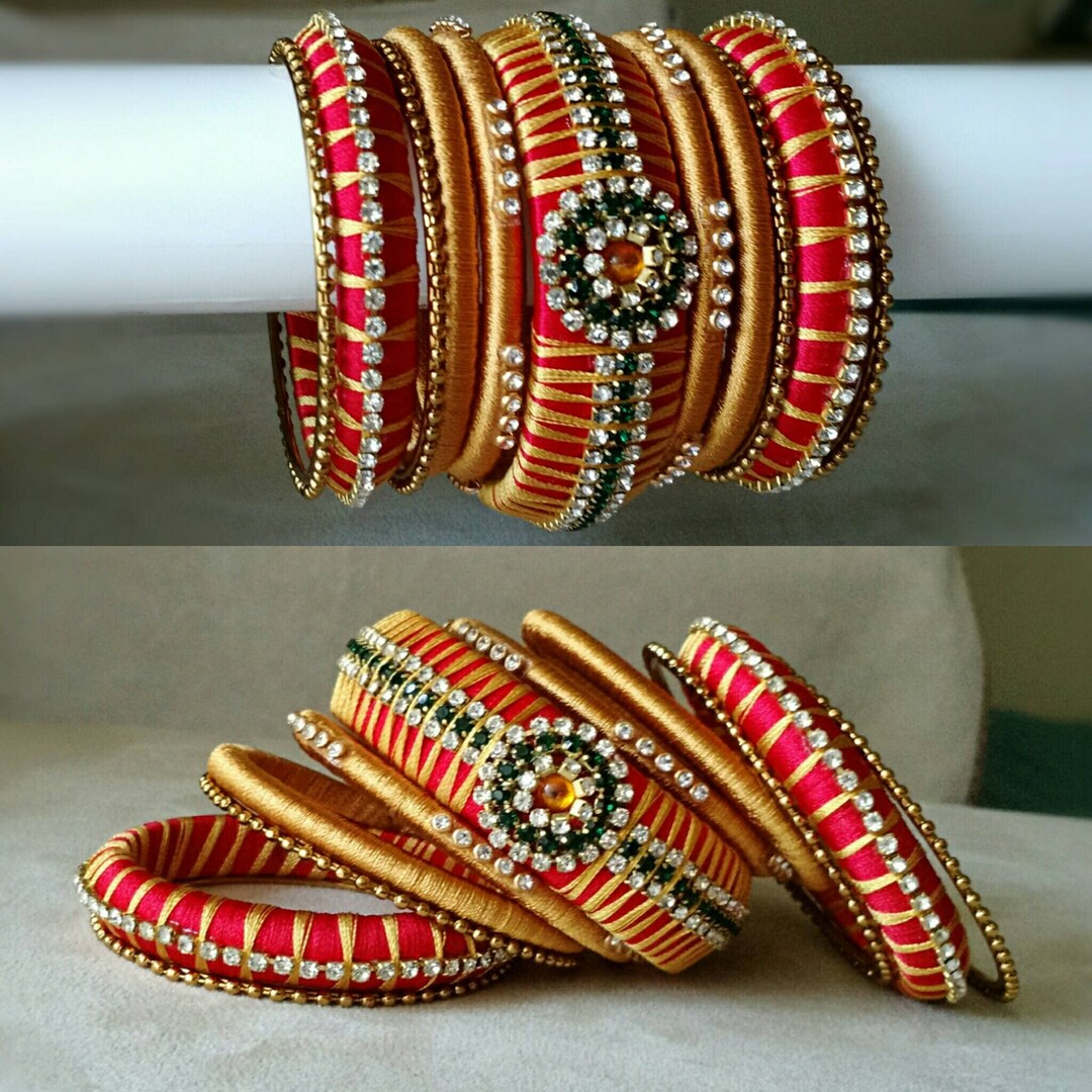Indian Wedding Bangles RED and GOLD Set of 22 Handmade Silk Woven ...