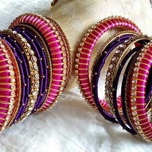 Silk Thread Bangles PINK, PURPLE & GOLD Set of 22 Handmade Silk Thread ...