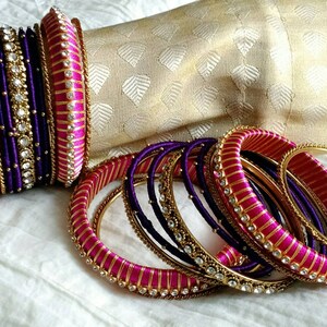 Silk Thread Bangles PINK, PURPLE & GOLD Set of 22 Handmade Silk Thread ...