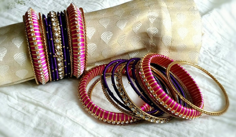 Silk Thread Bangles PINK PURPLE & GOLD Set of 22 Handmade - Etsy