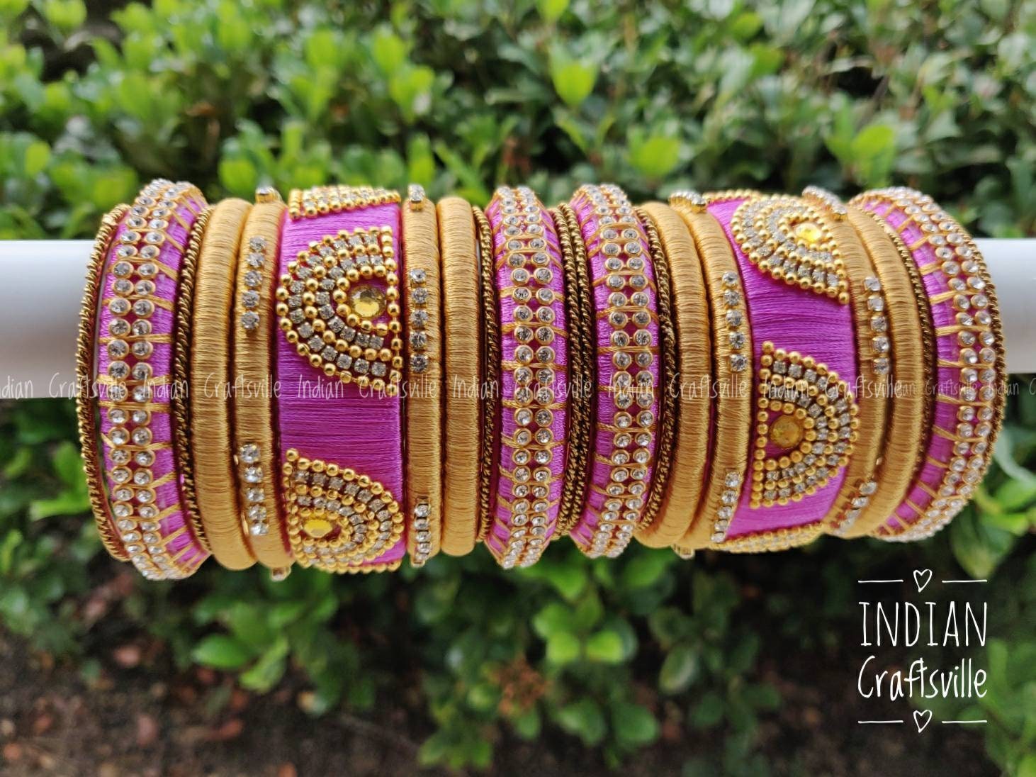 Silk Thread Designer Bangles Onion Pink & Gold Bangles Set | Etsy