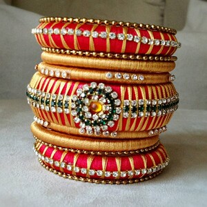 Indian Wedding Bangles RED and GOLD Set of 22 Handmade Silk Woven ...