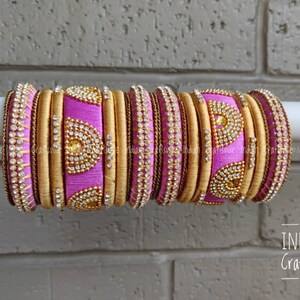 Silk Thread Designer Bangles Onion Pink & Gold Bangles Set of 22 Silk ...