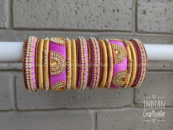 Silk Thread Designer Bangles Onion Pink & Gold Bangles Set | Etsy