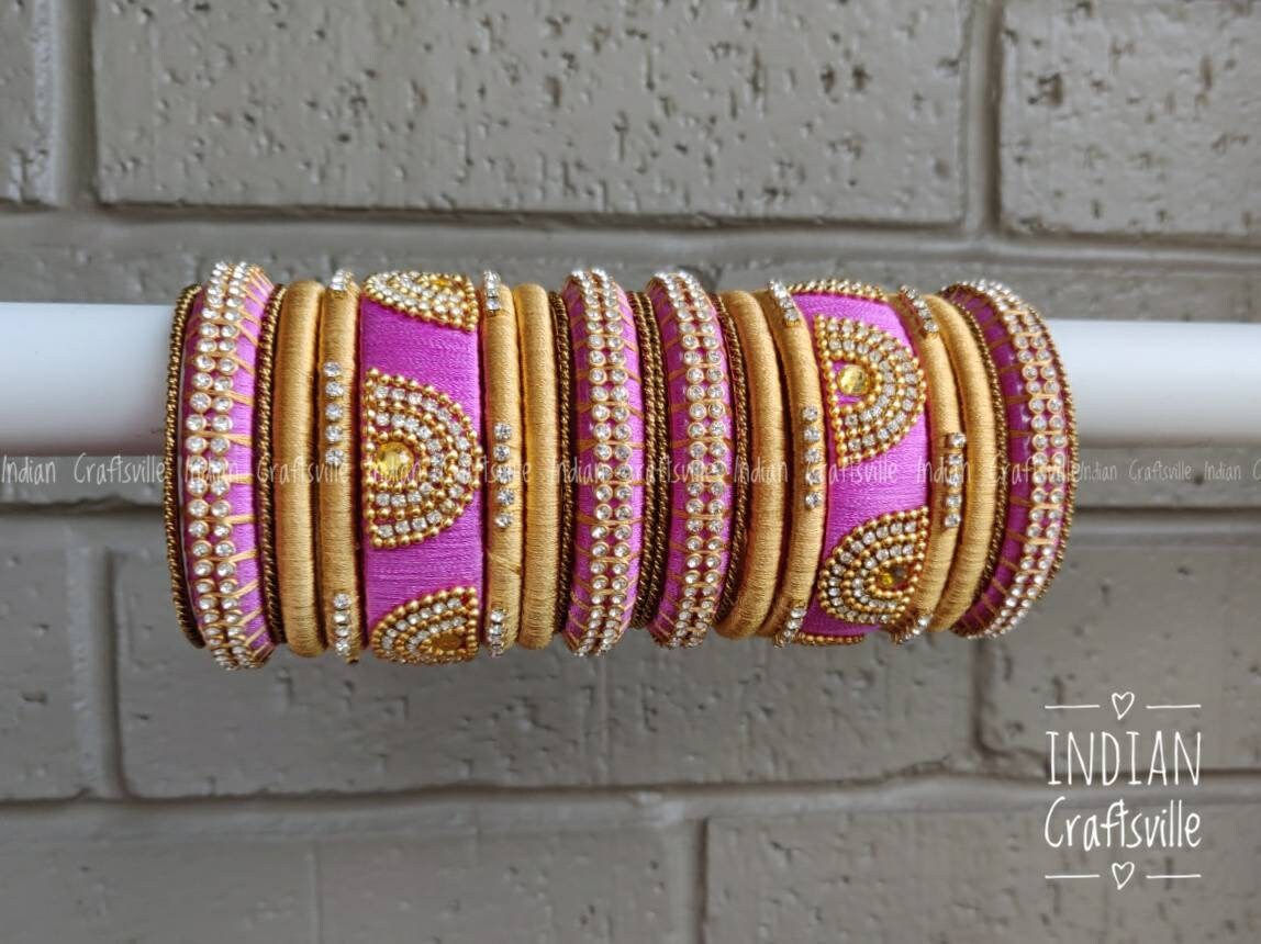 Silk Thread Designer Bangles Onion Pink & Gold Bangles Set | Etsy