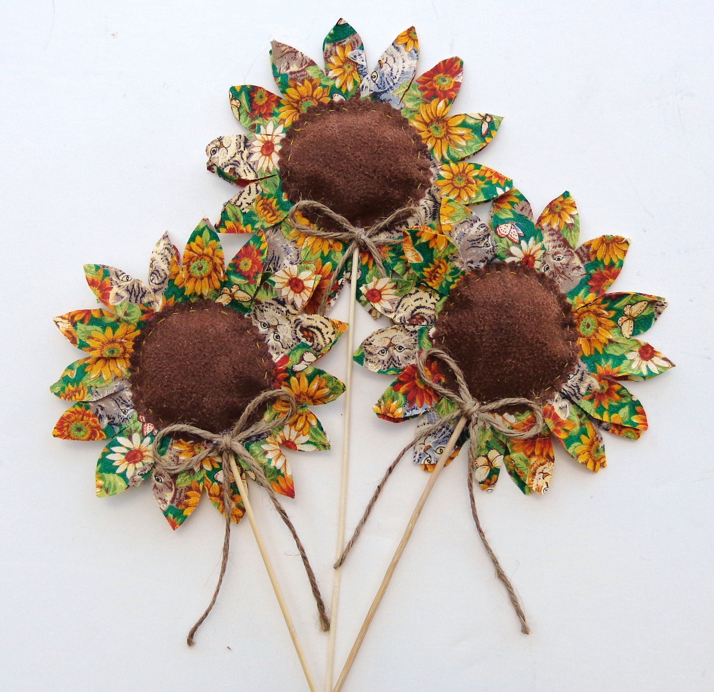 Set of 3 Primitive Country Farmhouse 5 Sunflower on Wooden Stick-by ...