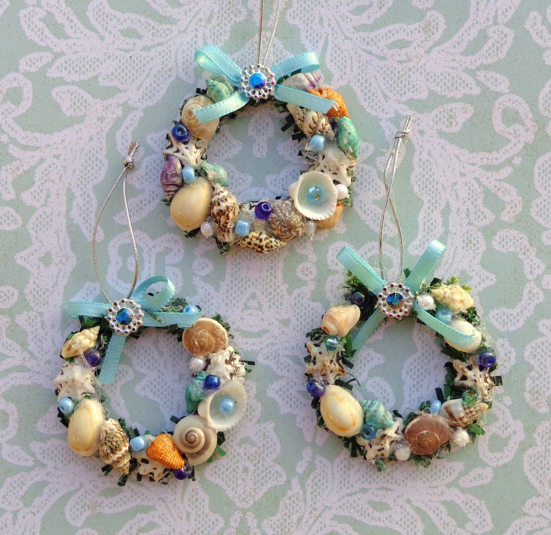 Set of 3 Seashell Seashore 2" Mini Wreath-assorted Seashells Wreath-beach Nautical Decoration ...