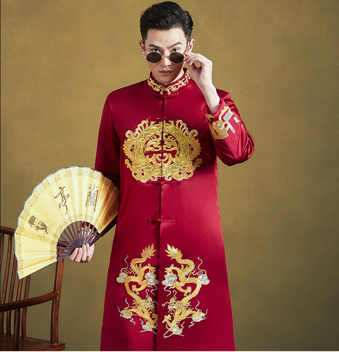 Asian Chinese Groom Red Gold Wedding Suit, Mens Embroidered Dragon ...