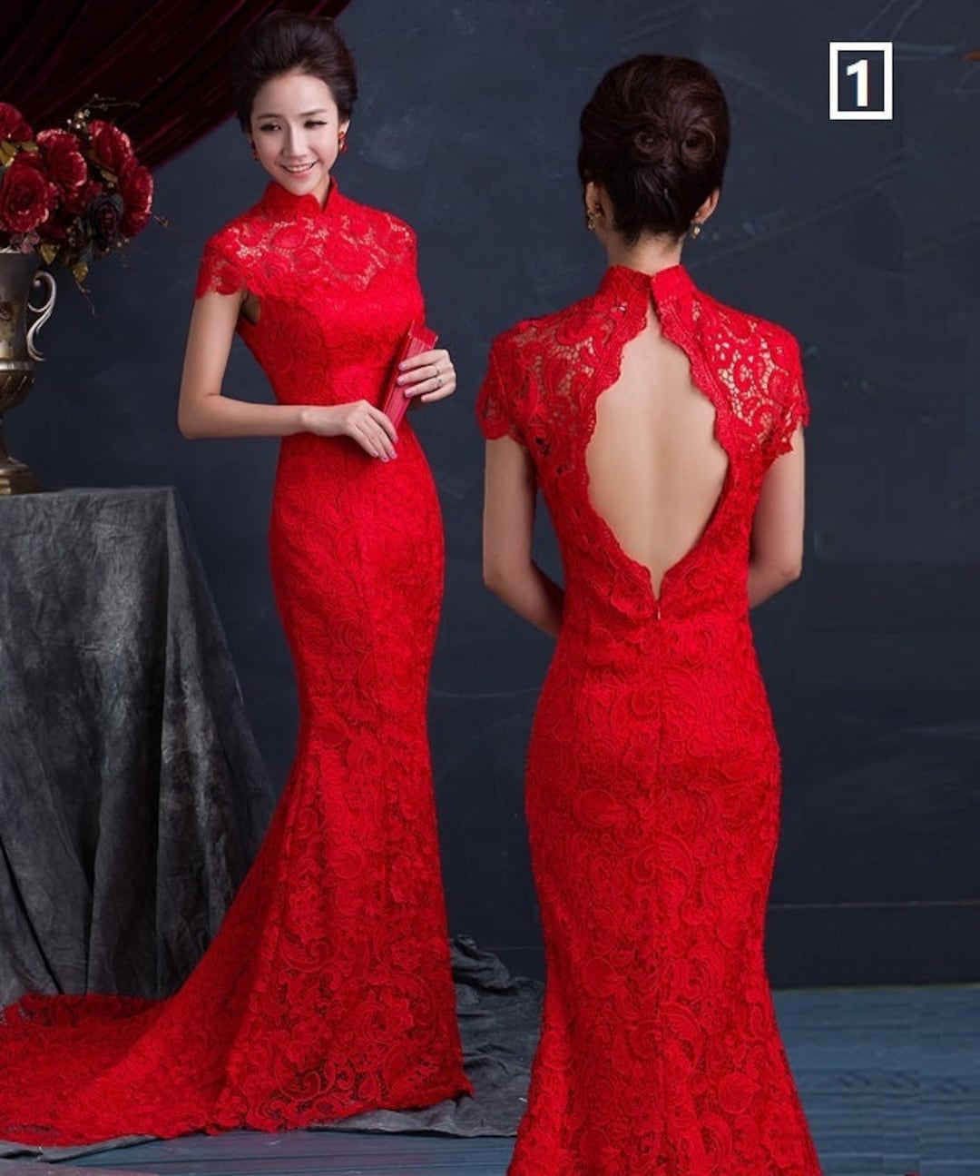 Custom Made to Order Red Open Back Lace Chinese Wedding Tea Ceremony ...