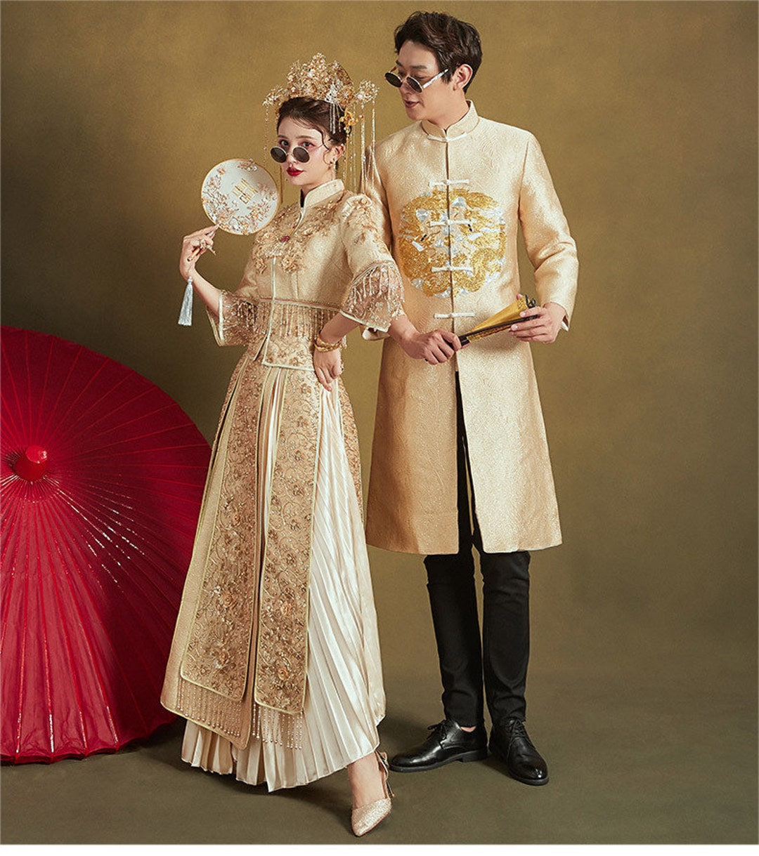 Red Beige Gold Asian Chinese Bridal Qun Kwa Sau Wo Qipao Qheongsam ...