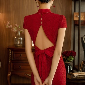 White/red Lace Open Back Cheongsam Qipao Dress Mandarin Collar Oriental ...