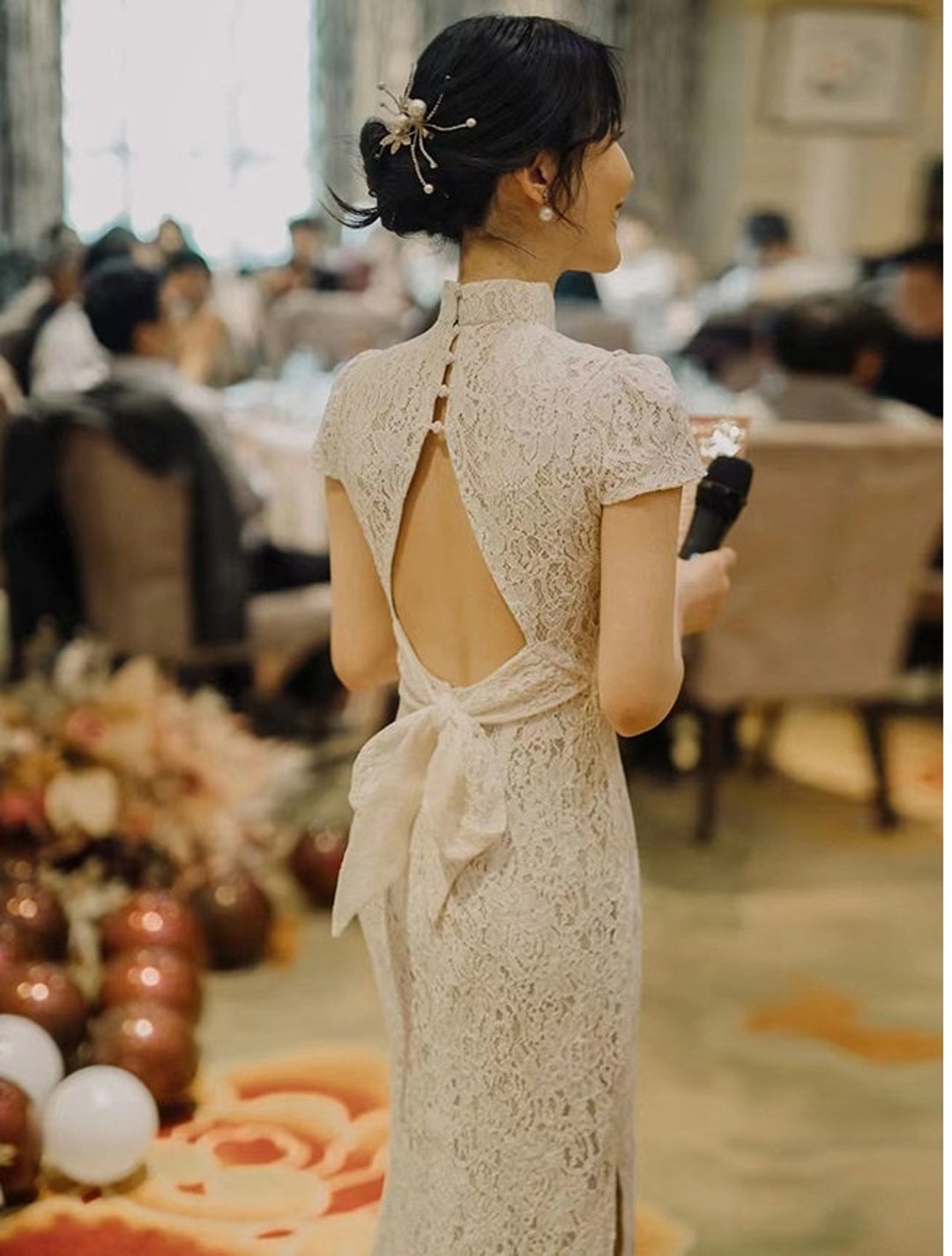 White/red Lace Open Back Cheongsam Qipao Dress Mandarin Collar Oriental ...