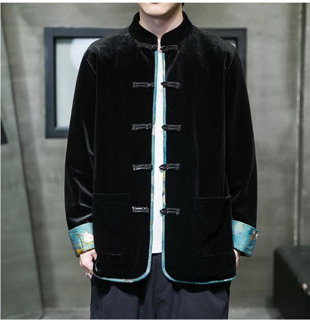 Mens Chinese Black Manchu Tang Mandarin Collar Frog Button Jacket Suit ...