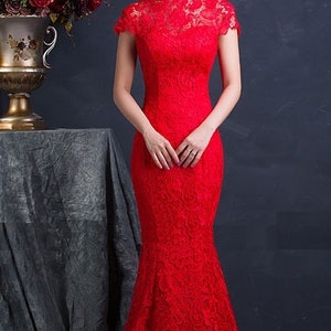 Custom Made to Order Red Open Back Lace Chinese Wedding Tea Ceremony ...