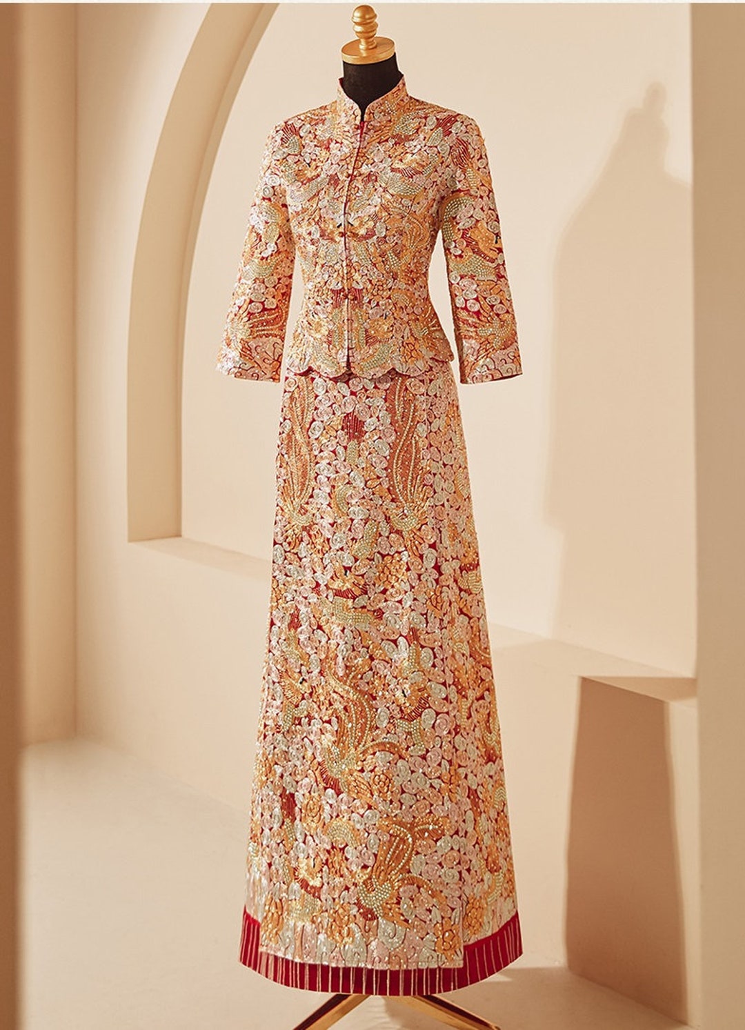 Red Asian Chinese Bridal Phoenix Qun Kwa Sau Wo Qipao Qheongsam Wedding ...