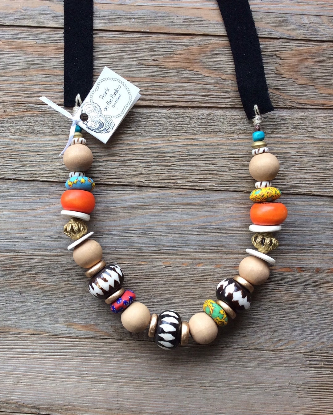 Colorful Bone Bead and Suede Necklace/ Boutique Jewelry/ Handmade ...