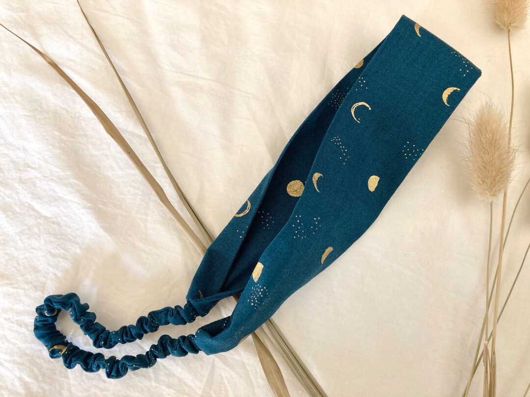 Moon Phases Headband in Dark Teal Blue and Metallic Gold, Cute ...