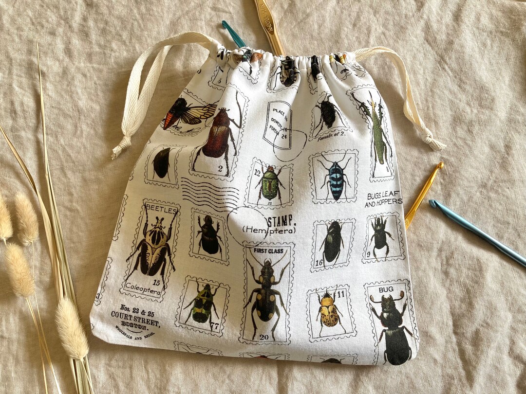 Beetle Drawstring Bag in White, Cute Insect Pouch in Medium Size With ...