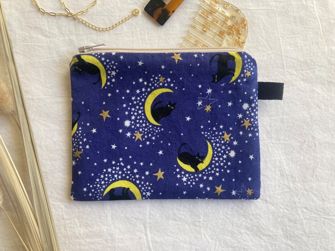 Black Cat Zipper Pouch With Moons on Royal Blue, Small Bag With ...
