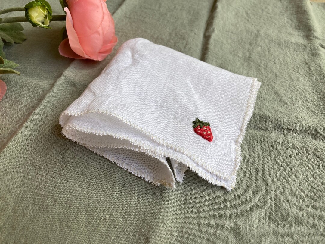 Strawberry Embroidered Linen Handkerchief, White Natural Linen With ...