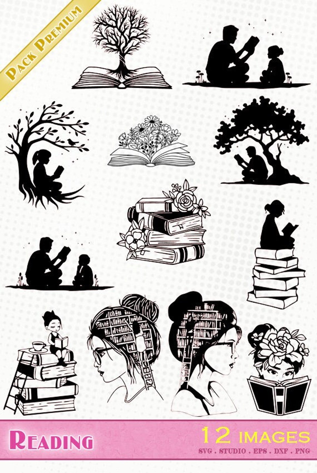 Reading / Books - 12 Files Svg / Eps / Dxf / Png / Silhouette Studio ...