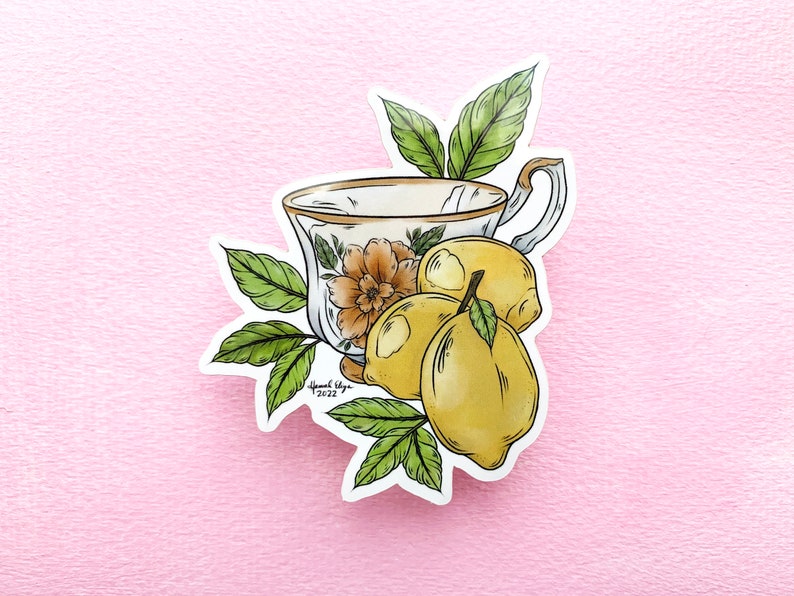 Lemon Teacup Sticker, Antique Teacup Drawing Sticker, Cottagecore ...