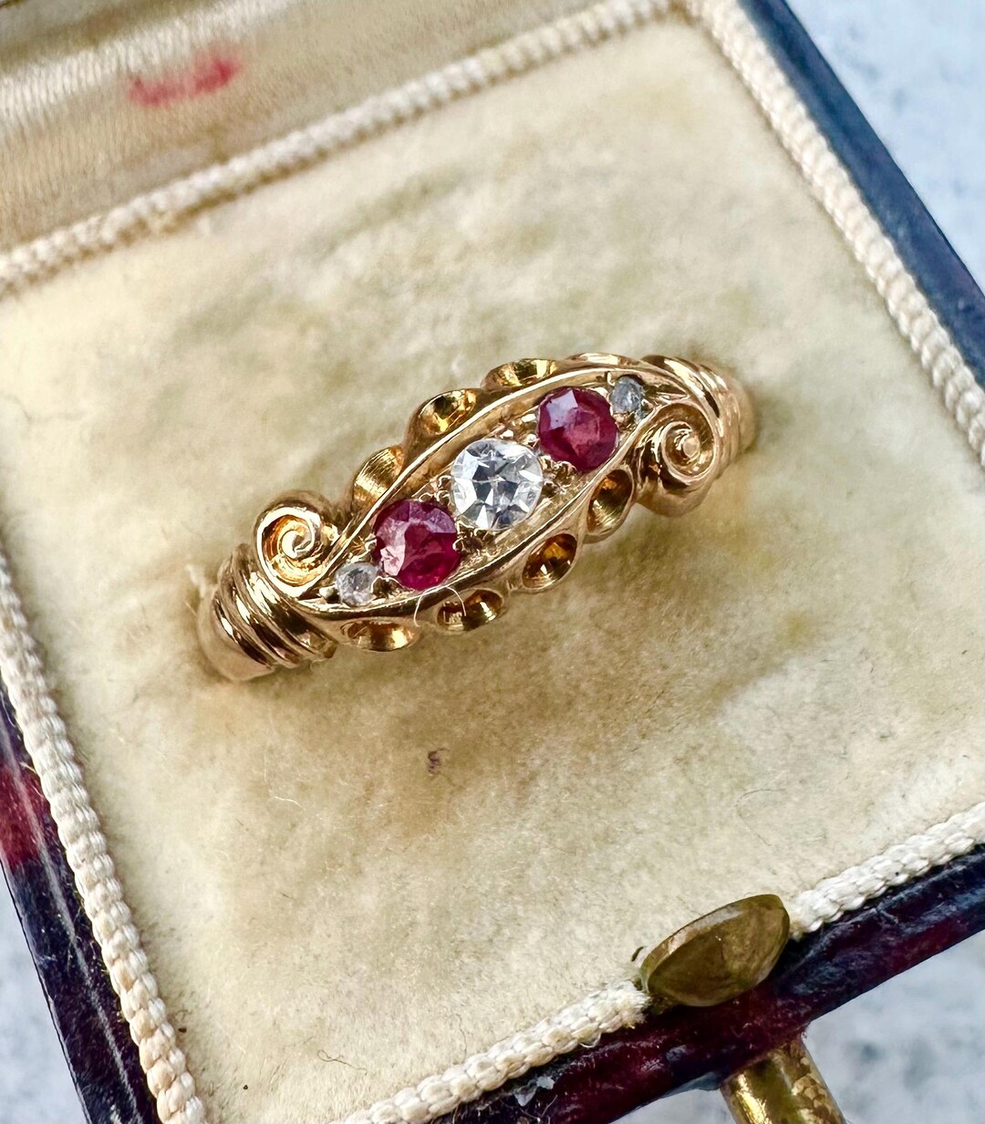 Antique 18ct Gold Ruby & Diamond Boat Ring - Etsy