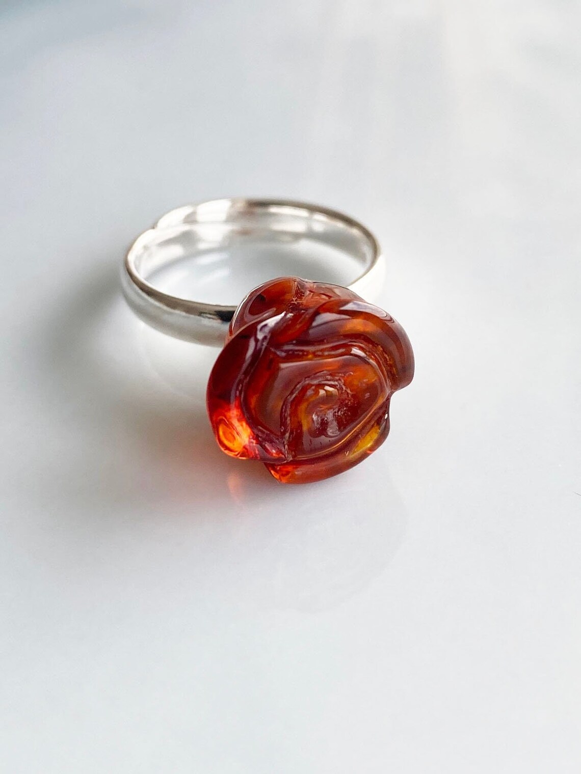 Amber Flower Ring Carved Amber Jewelry Amber Silver Ring - Etsy