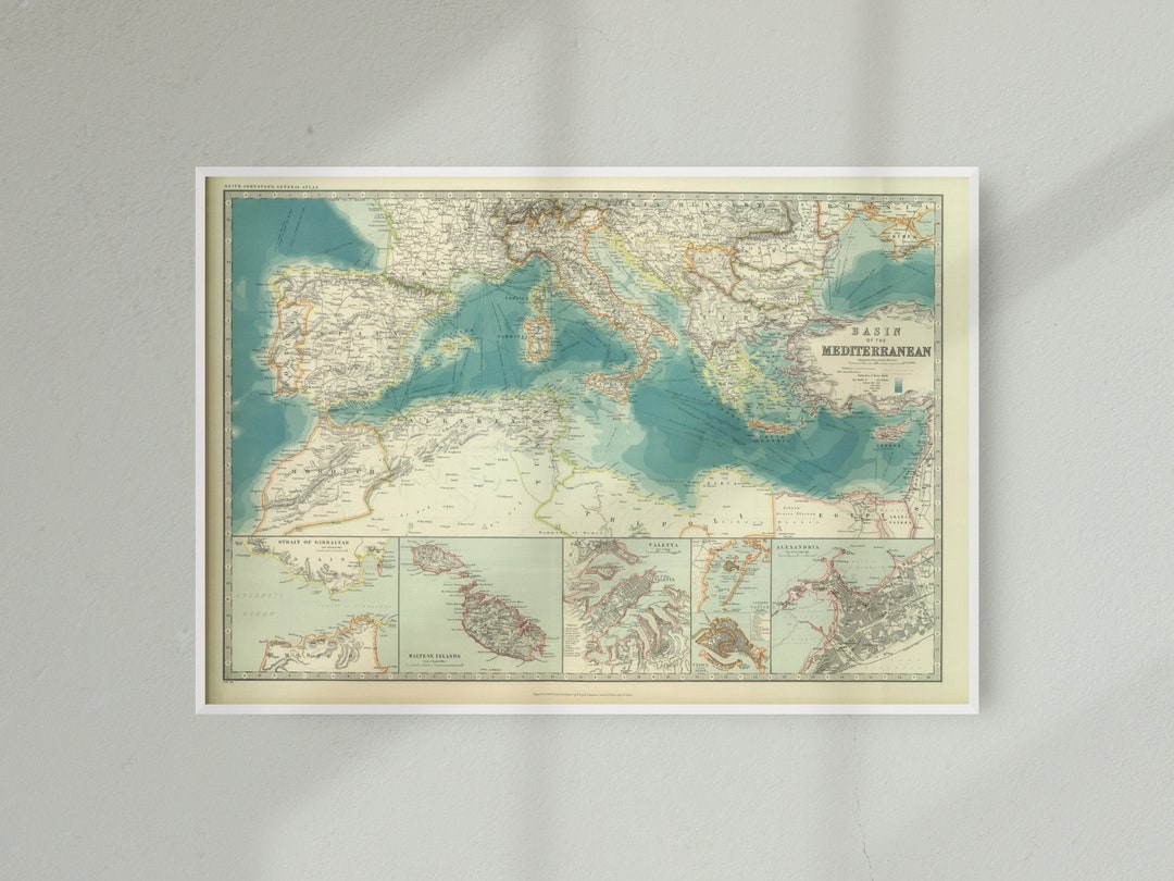 Vintage Historical Map of the Mediterranean Sea, Vintage Historic Map ...