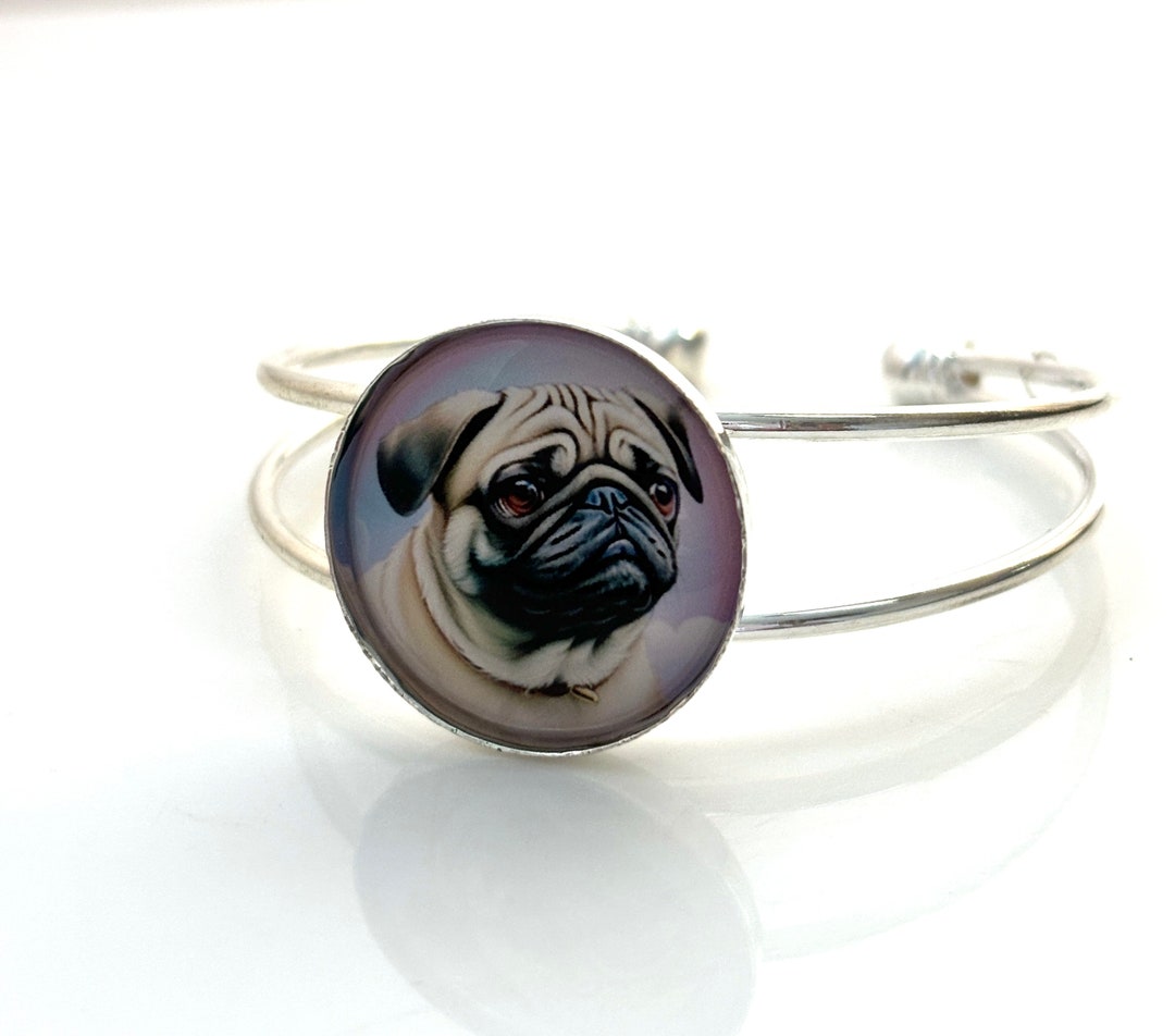 Pug Dog Bangle: Silver Plated Cabochon Bracelet, Gift for Dog Lovers ...