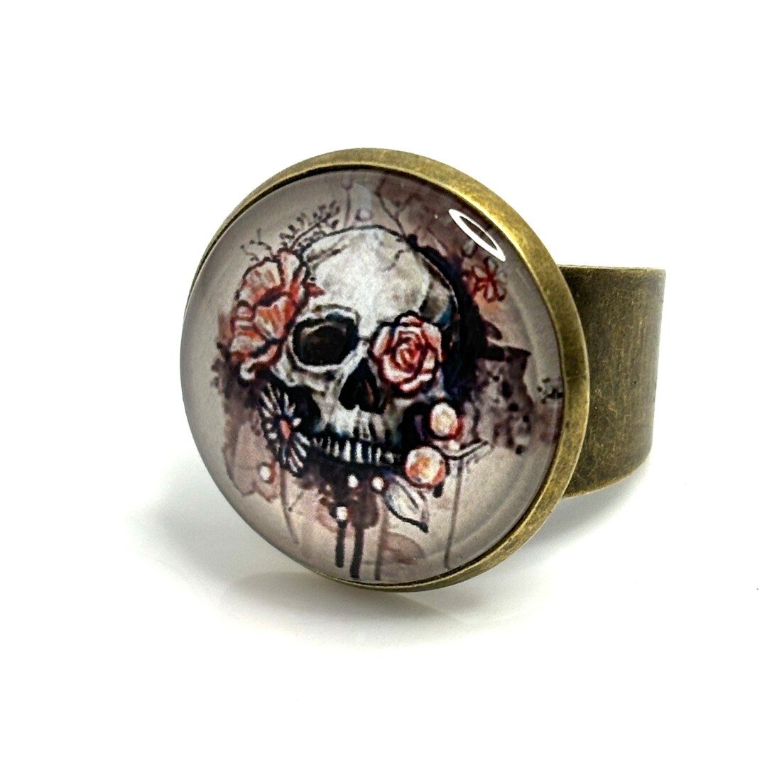 Gothic Style Skull and Roses Ring, Antique Brass, Unisex Jewelry ...