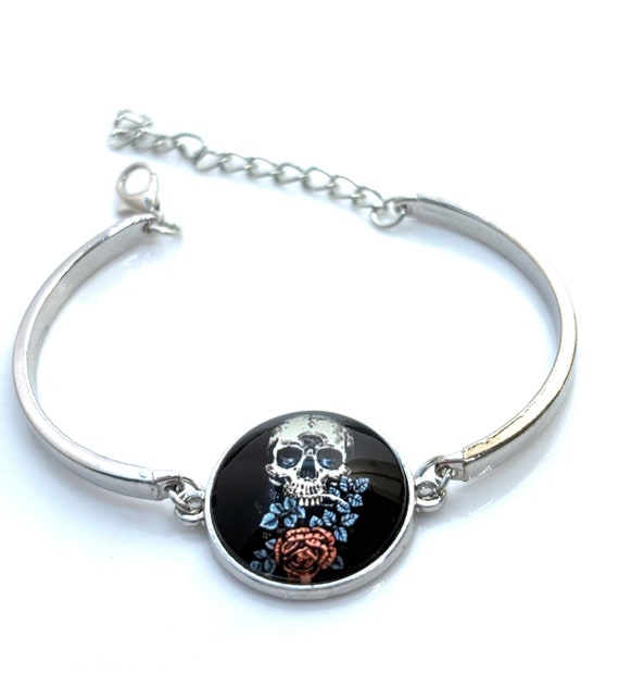 Skull and Rose Bangle Bracelet Adjustable Silver Plated Edgy Gothic Jewelry for Unique Style Unisex Bracelets Gift for Him Her Etsy