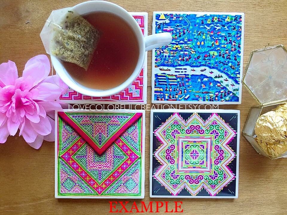 Hmong Coasters Printed Cork Back Set of 4 Hmong Grey - Etsy