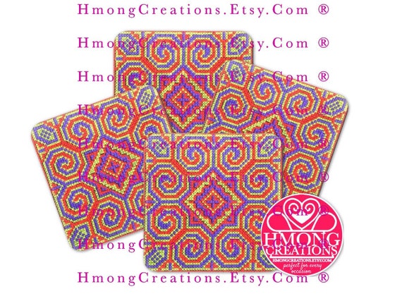 Hmong Coasters Printed Cork back Set Of 4 Hmong orange | Etsy