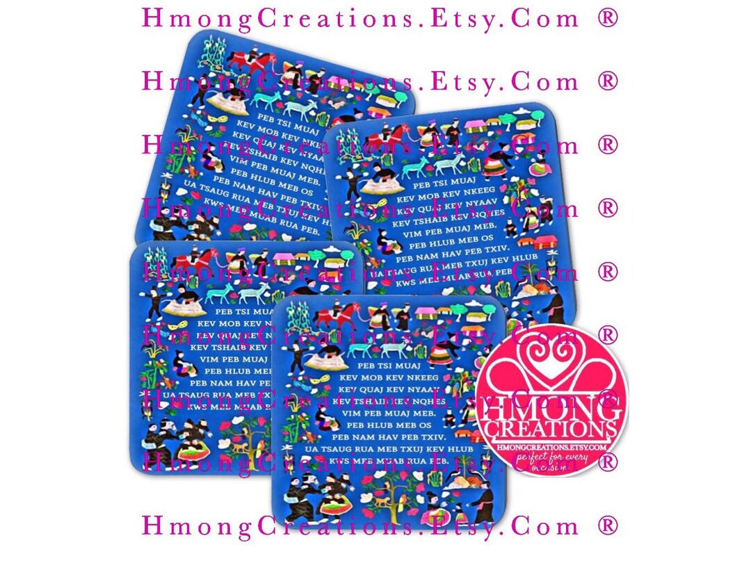 Hmong Coasters Printed Cork Back Set Of 4 Hmong Love For Parents Hmong ...