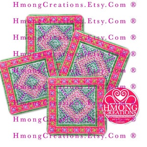 Hmong Coasters 4 Pieces Set of 4 Printed Money Bag Center 3 Cork Hmong ...