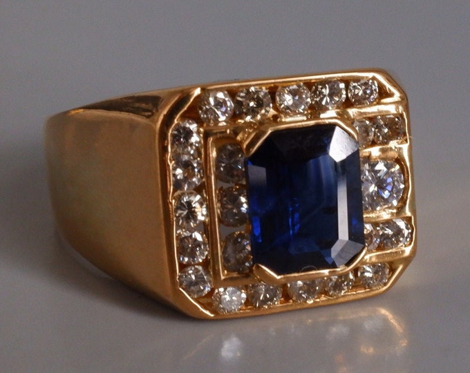 Blue Sapphire Diamond Pinky Ring Men 18k Vintage - Etsy