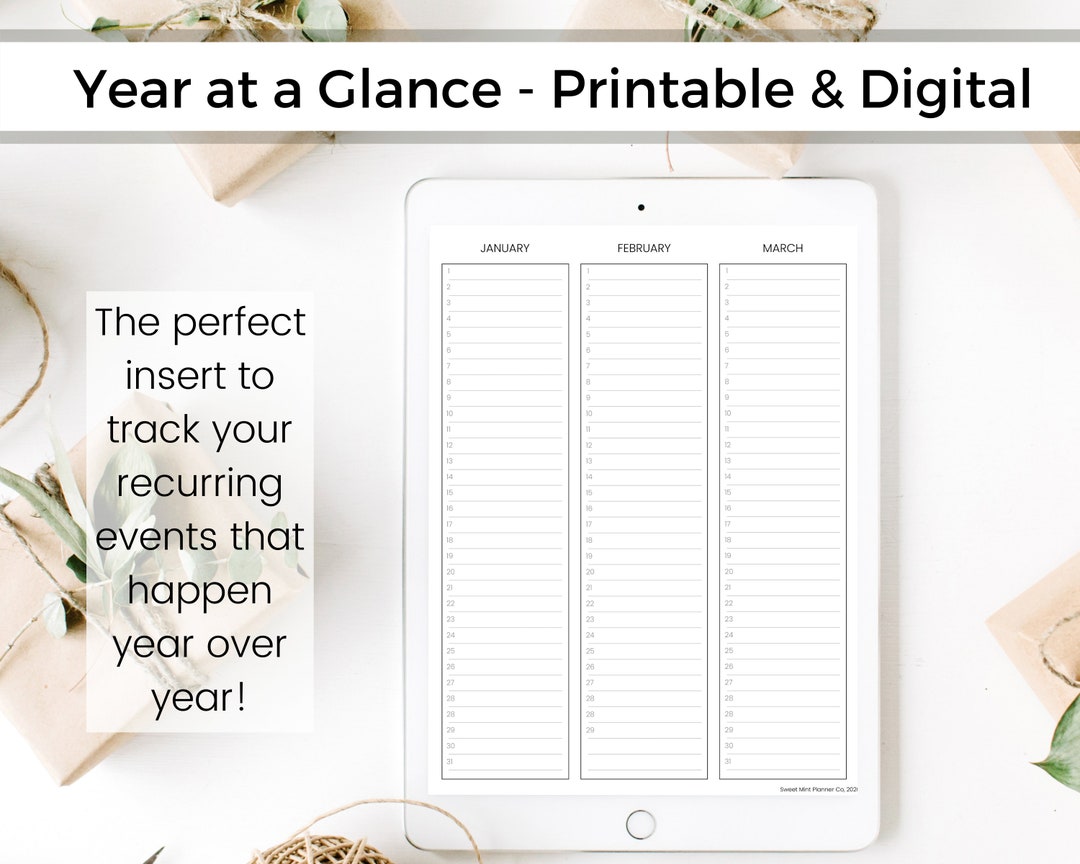 Printable Year at a Glance, Digital Planning Page, Goodnotes Planner ...