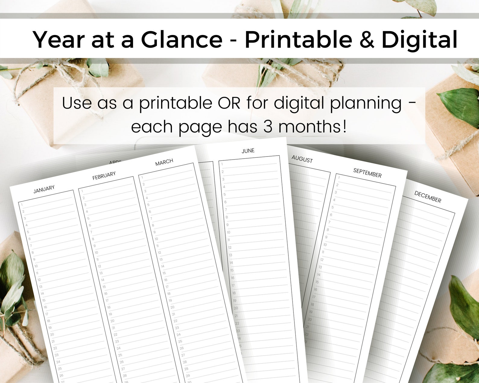 Printable Year at a Glance, Digital Planning Page, Goodnotes Planner ...