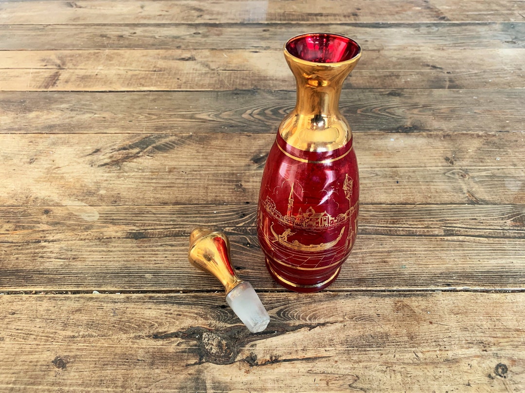Vintage Bohemian Style Red Glass Decanter and Gold Accent/vintage ...