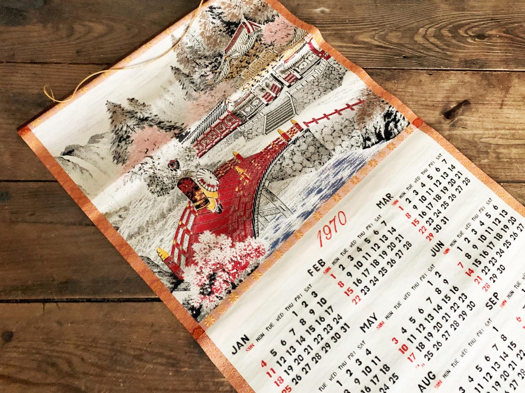 Vintage Japanese 1970 Silk Screen Scroll Calendar Wall Hanging Calendar ...