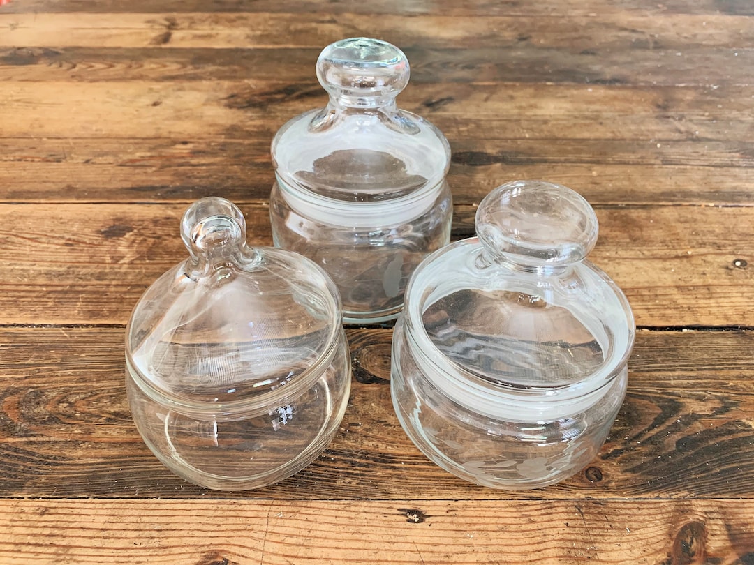 Set of 3 Mismatched Small Vintage Etched and Clear Glass Canisters Jars ...