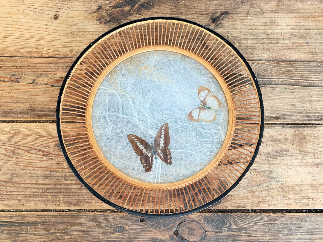 Vintage Rattan and Glass Butterfly Tray Retro Boho Tray With Butterfly ...